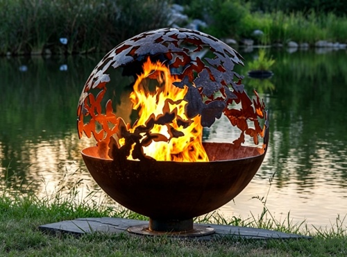 Corten Steel Sphere Fire Pit with Butterfly Theme - Gnee Garden